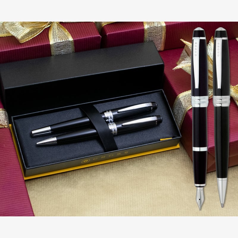 Cross Bailey Fountain & Ballpoint Pen Set - Black Lacquer Chrome Trim ...